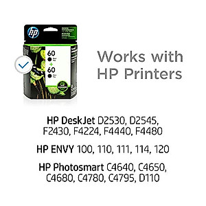 HP 60 | 2 Ink Cartridges | Black | Works with HP DeskJet D2500 Series, F2430, F4200 Series, F4400 Series, HP ENVY 100, 110, 111, 114, 120, HP Photosmart C4600 Series, C4700 Series, D110a | CC640WN