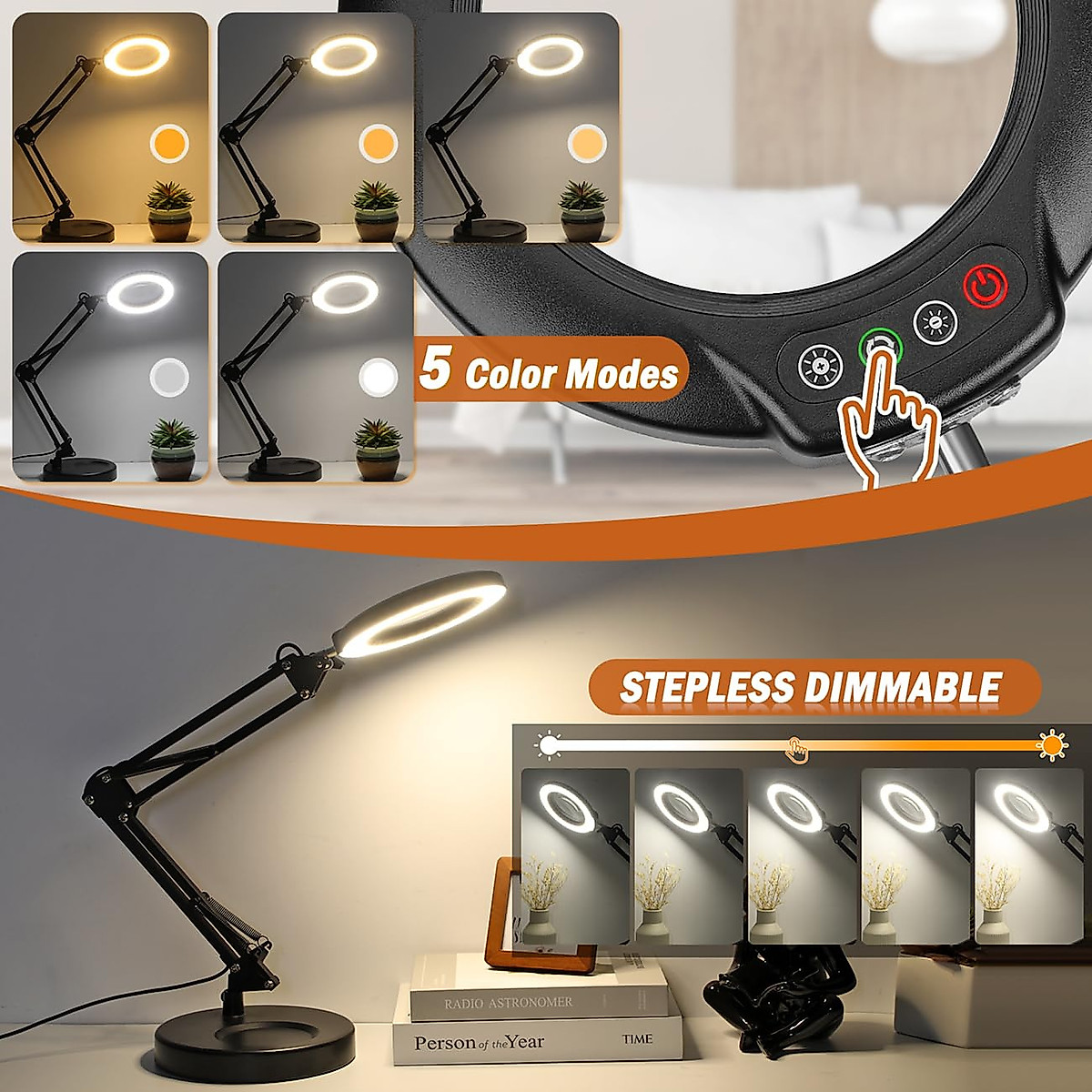 Veemagni 10X Magnifying Glass with Light, 5 Color Modes Stepless Dimmable 2-in-1 Desk Lamp and Clamp, LED Lighted Magnifier with Light and Stand, Hands Free for Craft Repair Hobby Painting Close Work