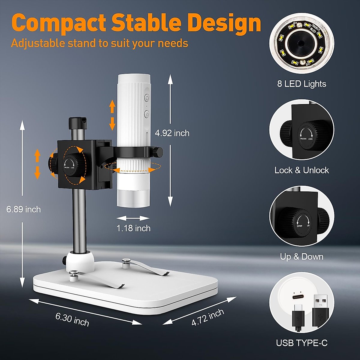 Wireless Digital Microscope Camera, GUVOP 50X-1000X Magnification WiFi Portable Handheld USB Microscopes with 8 LED & Stand,Compatible for iPhone, Android, Electronic Microscope for Kids Adults-White