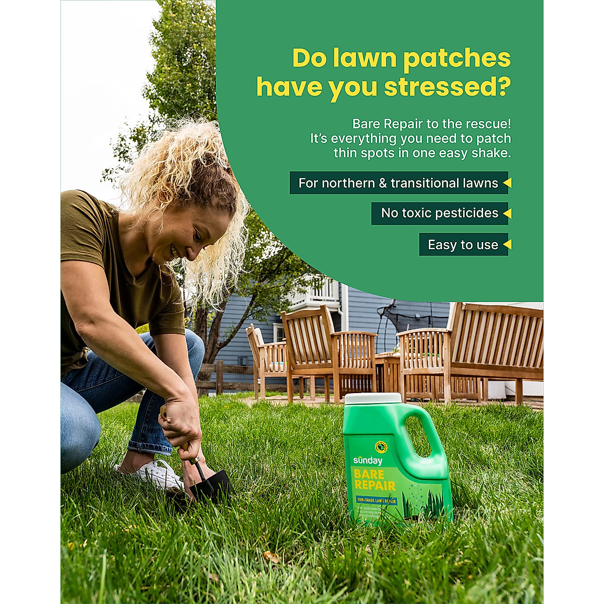 Sunday Bare Repair Sun and Shade Grass Seed Spot Treatment - Grass Seed for Shade and Hard to Grow Areas - Lawn Patch Repair That Works in 14 Days or Less - 3.75lb Jug (Covers 55 Sq Ft)