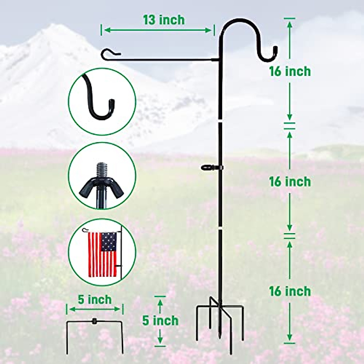 Rexwnadu Shepherd Hook&Garden Flag Holder Stand 48 Iches Bi-Use Sherpherd Hooks Heavy Duty Flag Pole Adjustable Height Yard Flag Stand Garden Decoration Rust Resistant