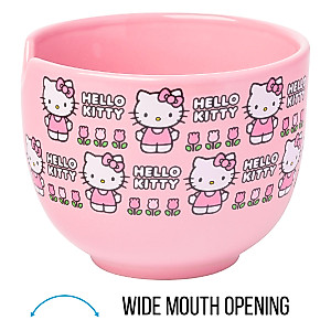 Silver Buffalo Sanrio Hello Kitty Flowers Pattern Ceramic Ramen Noodle Rice Bowl with Chopsticks, Microwave Safe, 20 Ounces
