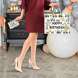 13" Large Happy Birthday Gift Bag for Baby Boy Kids with Tissue Paper and Card (Construction Vehicle)