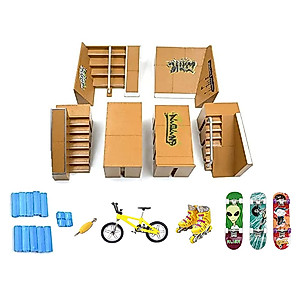 Skate Park Kit, Finger Skateboard Ramp Set -1 Finger Bike -3 Finger Skateboards -1 pair of skates and 8PCS Skate Parks for Finger Skateboard Ultimate Parks Training Props and Finger Toys