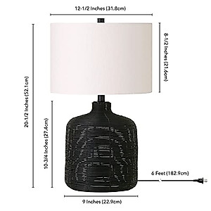 Henn&Hart 20.5" Tall Petite/Rattan Table Lamp with Fabric Shade in Black Rattan/White, Lamp, Desk Lamp for Home or Office