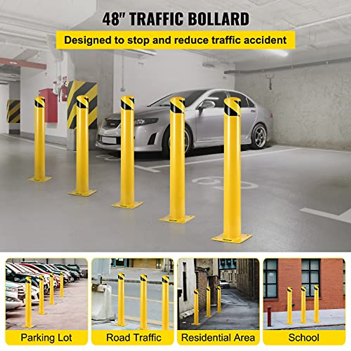BestEquip Safety Bollard 48-5.5, Safety Barrier Bollard 5-1/2" OD 48" Height, Yellow Powder Coat Pipe Steel Safety Barrier, with 4 Free Anchor Bolts, for Traffic-Sensitive Area