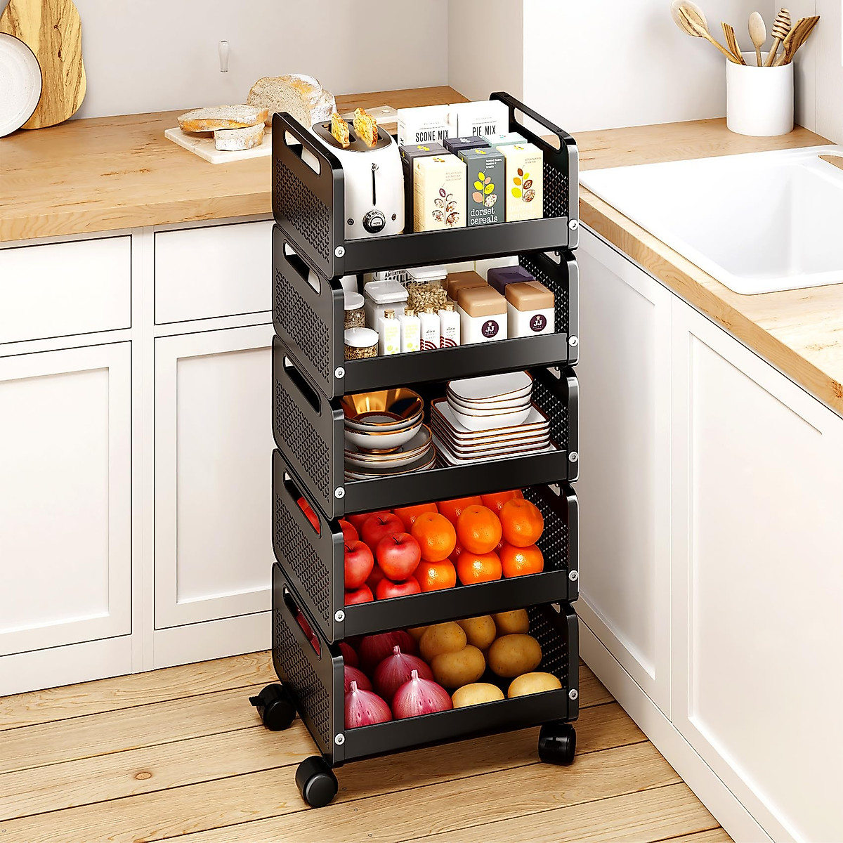 5 Tier Rolling Cart, Stackable Metal Kitchen Storage Cart with Wheels, Black