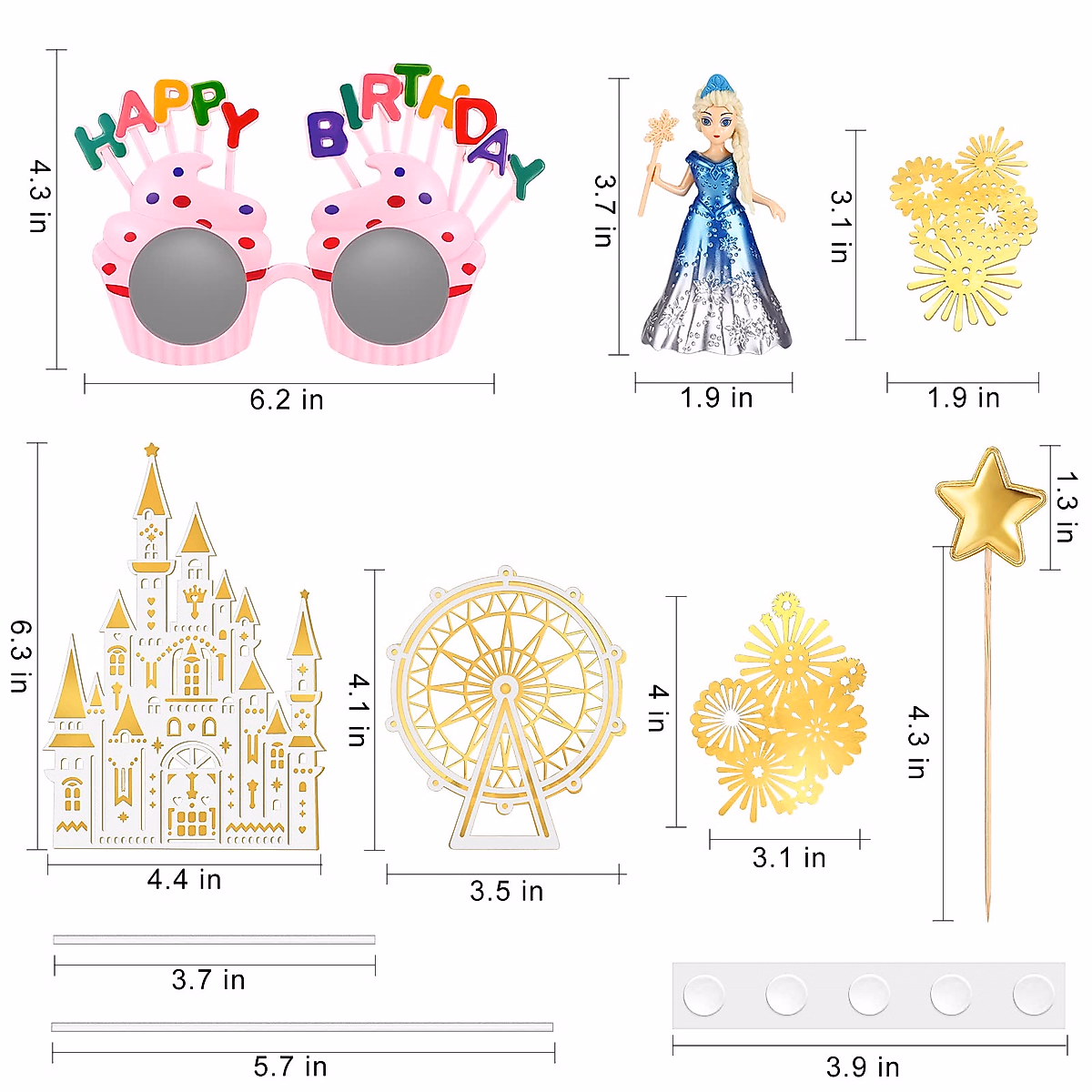 Princess Cake Topper, Includes Happy Birthday Glasses Princess Ornaments 9 Cake Decorations(fireworks, buliding,stars). Cake Decoration For Girl Kid Women Birthday Party and Baby Showers 12PCS