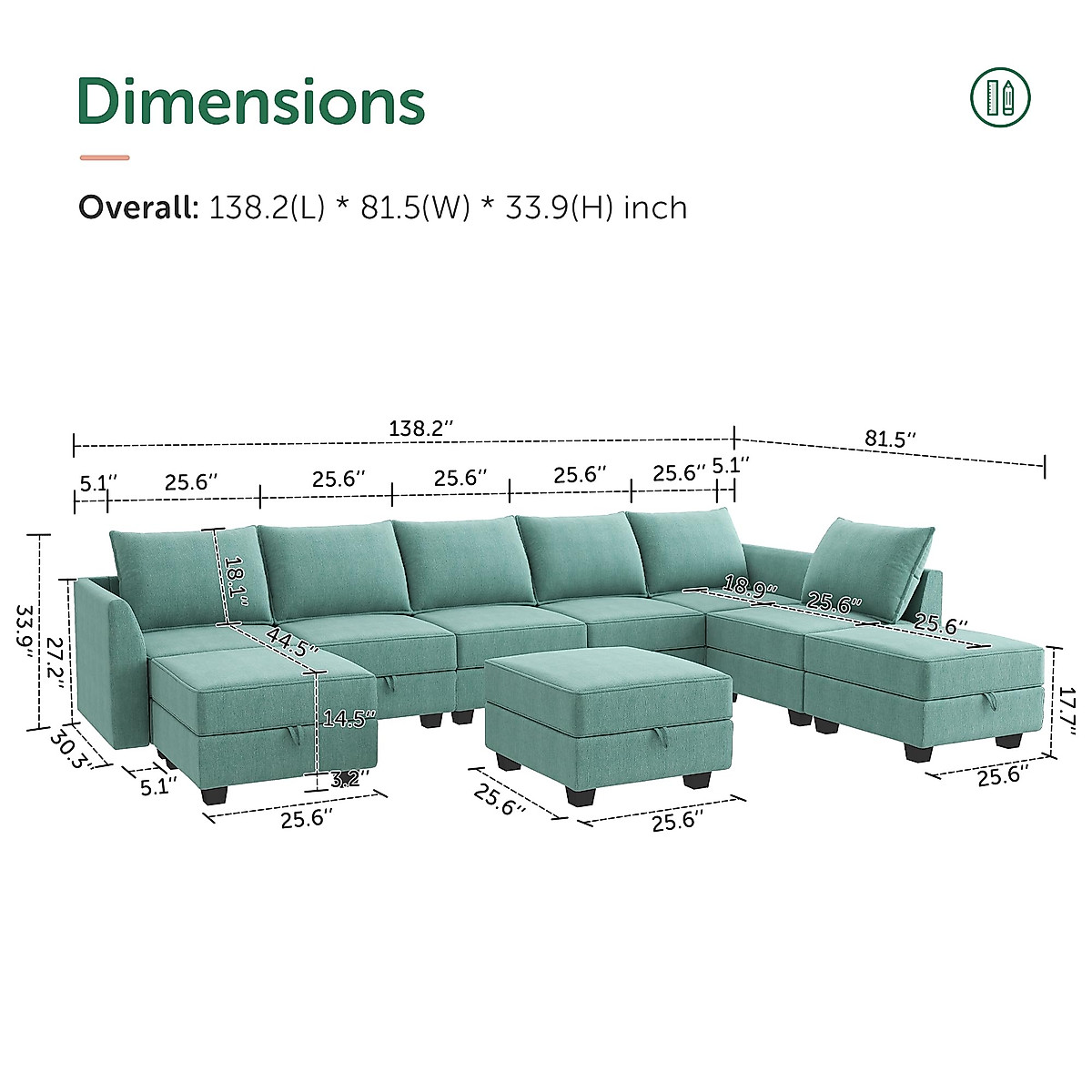 HONBAY Oversized Modular Sectional Sofa with Storage Reversible Sectional Couch Modular Sofa with Chaise U Shaped Sectional Set with Ottoman for Living Room, Aqua Blue
