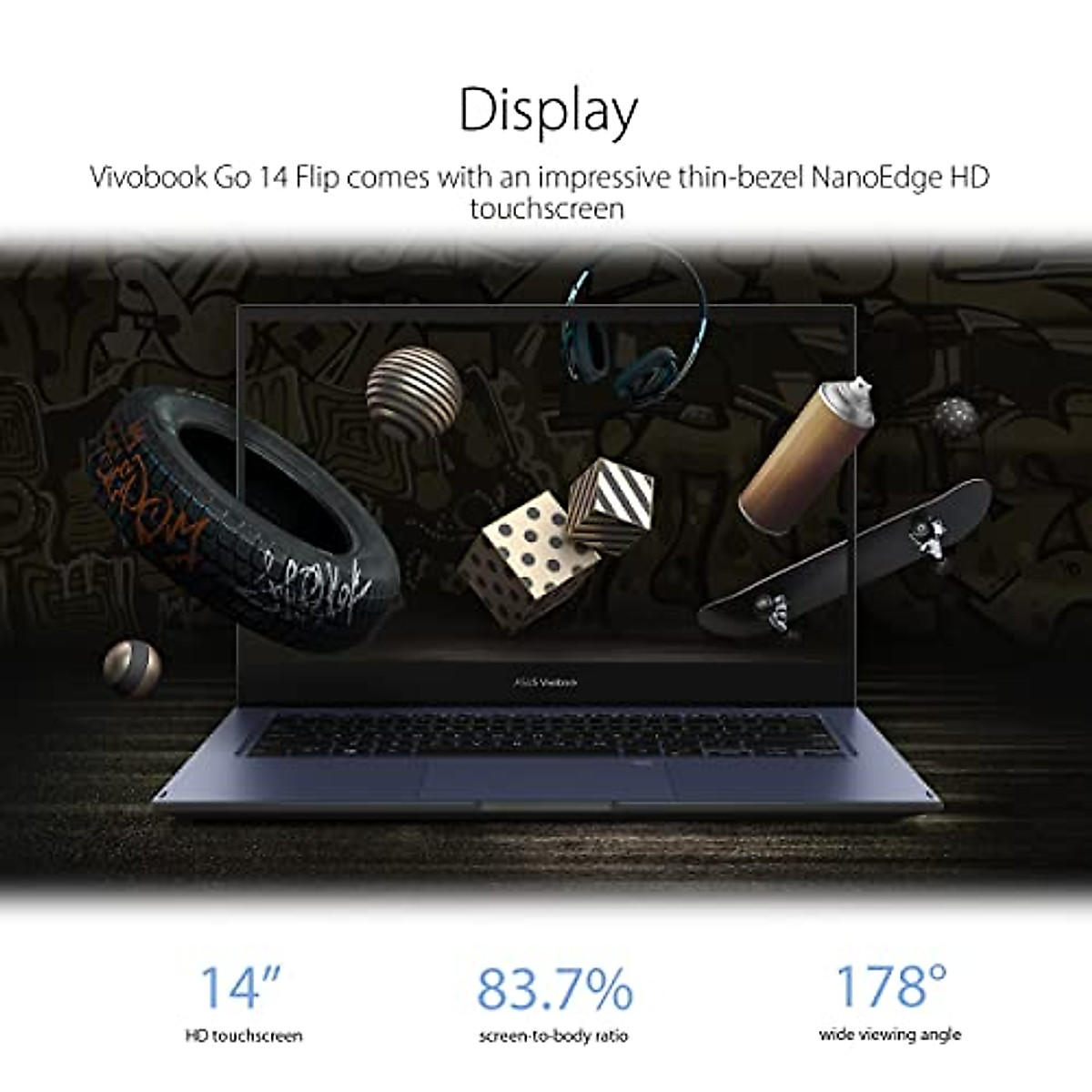 ASUS VivoBook Go 14 Flip Thin and Light 2-in-1 Laptop, 14 inch HD Touch, Intel Celeron N4500 CPU, UHD Graphics, 4GB RAM, 64GB eMMC, NumberPad, Windows 11 Home in S Mode, Quiet Blue, J1400KA-DS02T