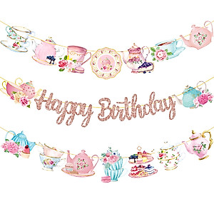 Tea Party Birthday Banner Rose Gold Tea Themed Happy Birthday Banners Floral Tea Birthday Party Decoration Teapot Cutout Banner for Afternoon Tea Baby Shower Supplies