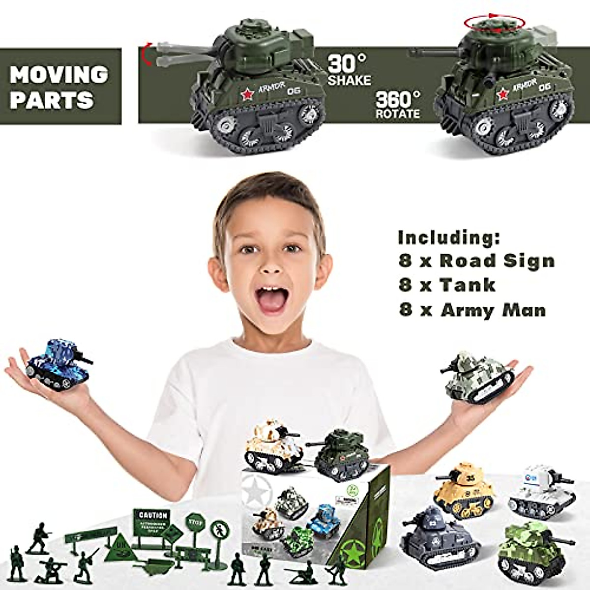 Pull Back Military Vehicles Tank Toys for Boys, 8 Pull Back Toy Army Tanks with Army Men Military Road Sign, Small Diecast Tanks Military Toy Army Car Truck Toys Gift for Kids Age 3 4 5 Years Old