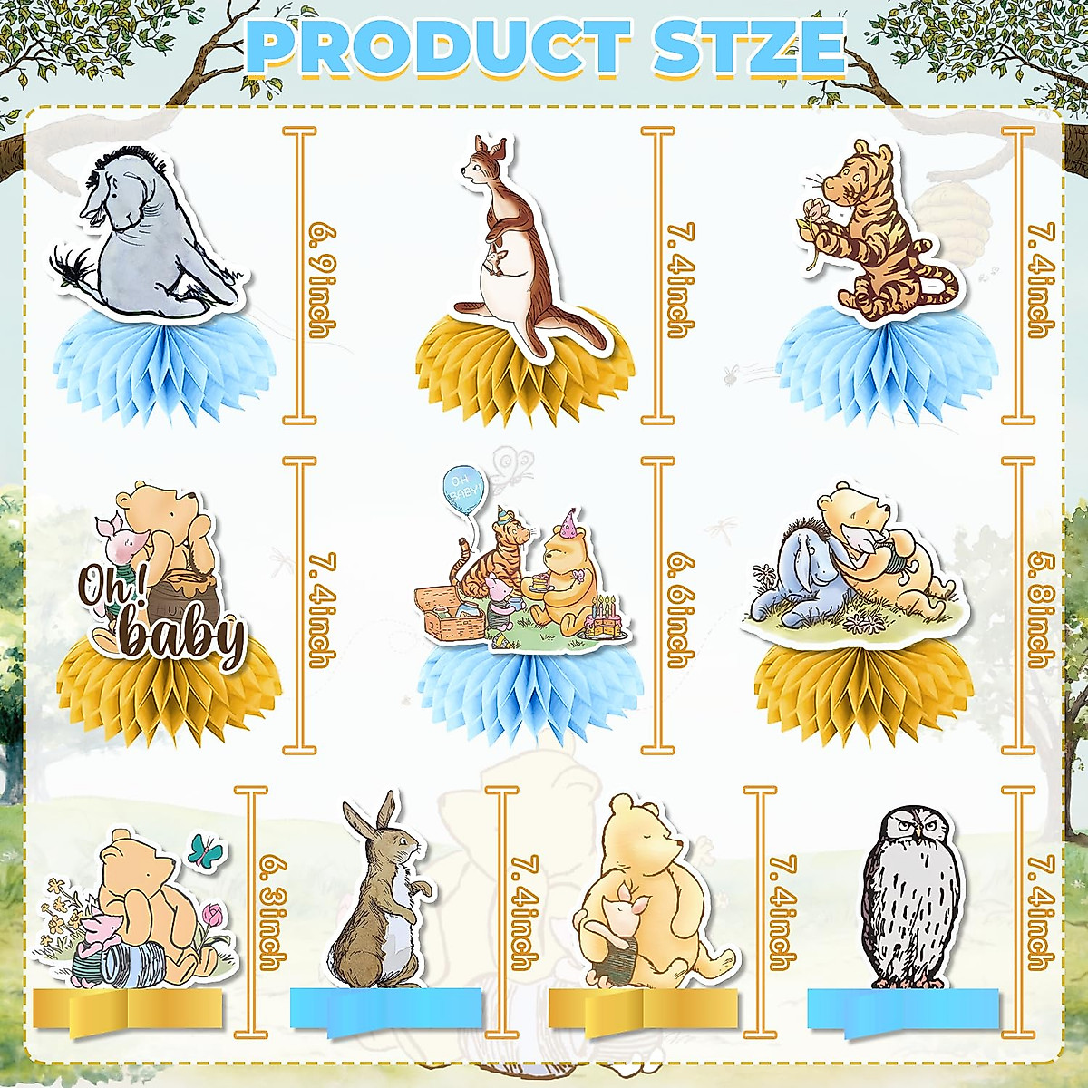 10pcs Classic Winnie Centerpieces Decorations, Oh Baby Table Decorations The Pooh Centerpieces for Cute Cartoon Baby Shower Party Decor