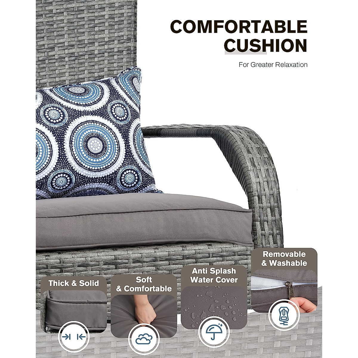 OYODHPDU Outdoor Rocking Chair- Rattan Patio Rocker Chairs with Cushions and Steel Frame- All Weather Outdoor Rocker Chair with 2 Replaceable Cushion Covers (Blue & Grey), 350lbs