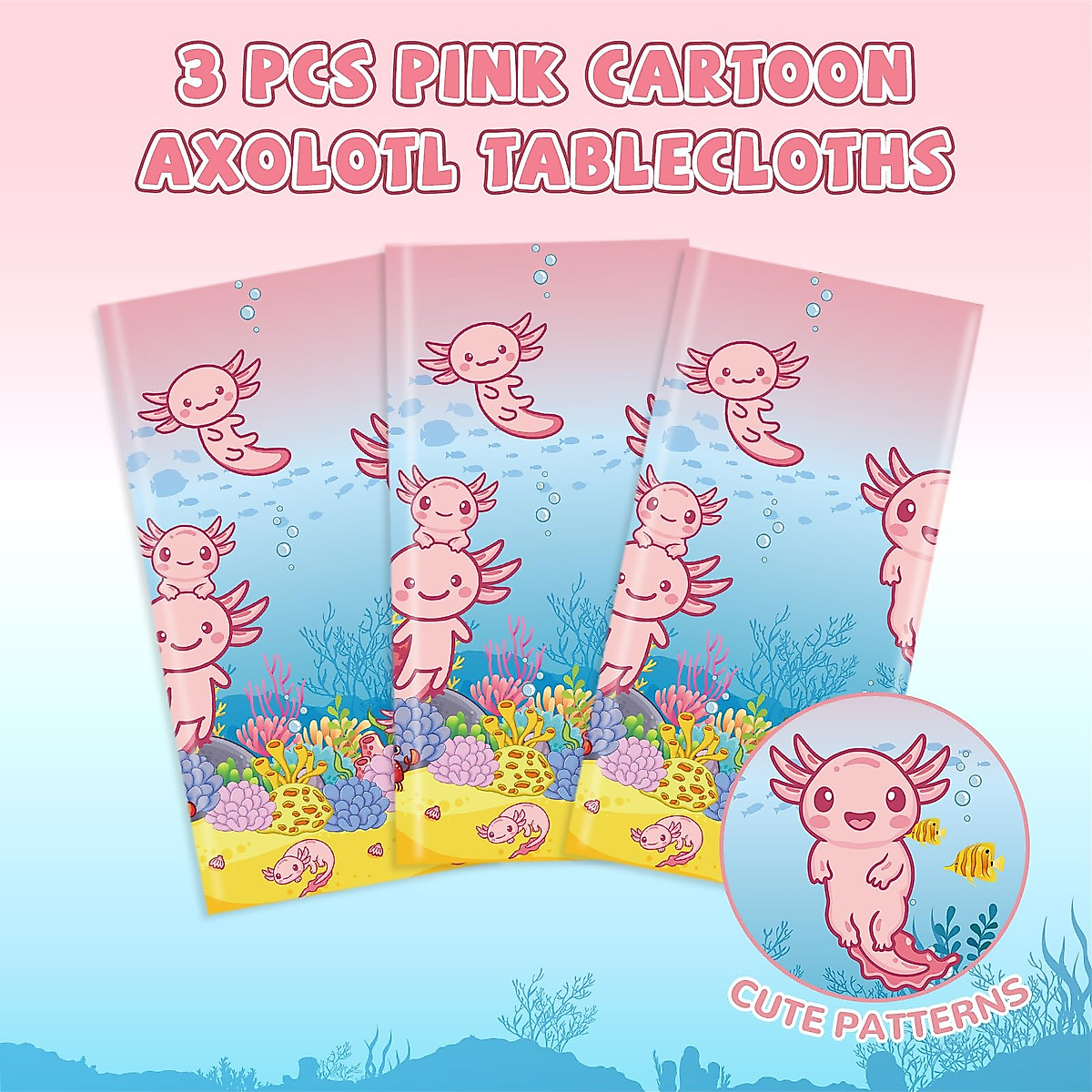 chiazllta 3Pcs Axolotl Party Birthday Decoration Pink Cartoon Axolotl Tablecloth Plastic Reptile Animal Tablecover Waterproof Rectangle Table Cover for Axolotl Baby Shower Party Supplies108 x 54in