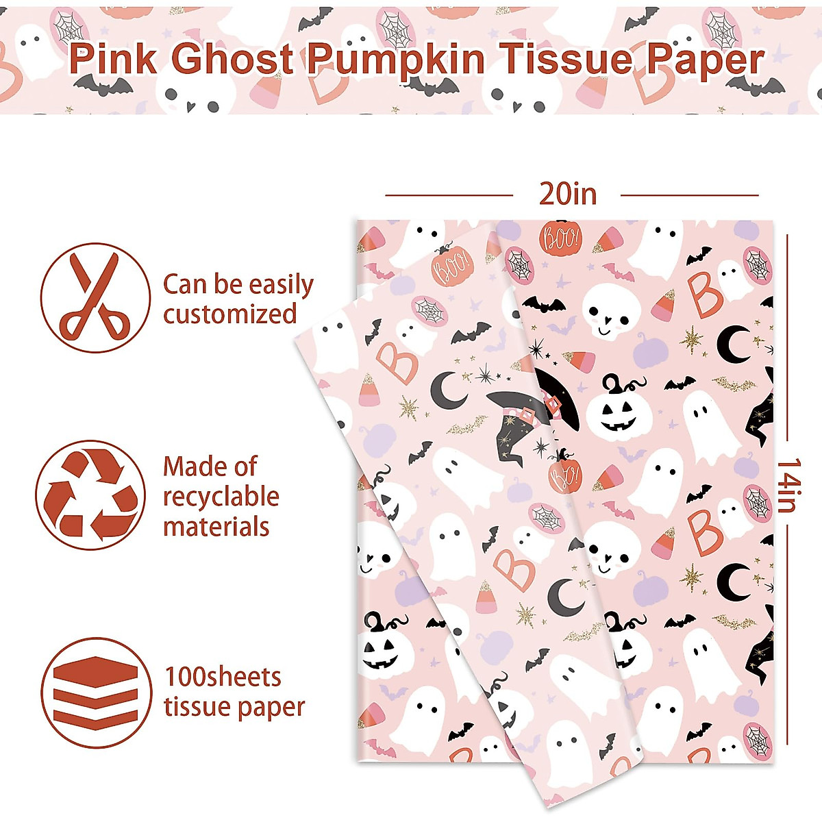 JarThenaAMCS 100 Sheets Halloween Tissue Paper Pink Pumpkin Ghost Boo Gift Wrapping Paper for DIY Art Crafts Birthday Holiday Baby Shower, 14 x 20 Inch