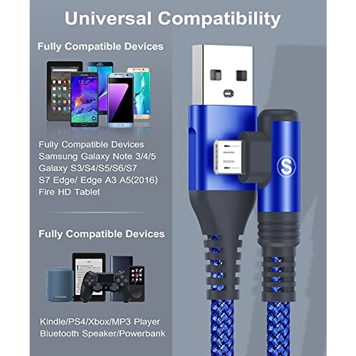 sweguard Micro USB Cable Right Angle [3-Pack,3.3ft+6.6ft+10ft] Android Charger Cable, Nylon Braided Micro Charger Cord for Samsung Galaxy S7 Edge S6 S2 J7 J5 J3 J3V J2,LG K10 V10,Moto E6 5 4,PS4-Blue