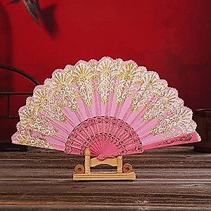 Decorative Folding Fans Luxury Fashion Folding Fan Flower Lace Silk Wedding Dance Party Stage Performance Decoration Fashion Hot Stamping Hand Held Fan Fan (Color : Red)