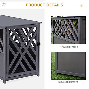PawHut Furniture Style Wood Dog Crate End Table Decorative Dog Cage Kennel Lattice Night Stand with Lockable Door, Grey