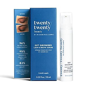 twenty/twenty beauty Get Growing Lash & Brow Serum, Made in USA with Castor Oil for Longer, Fuller, Thicker Looking Lashes, Natural and Physician Developed (0.33 Fl Oz)