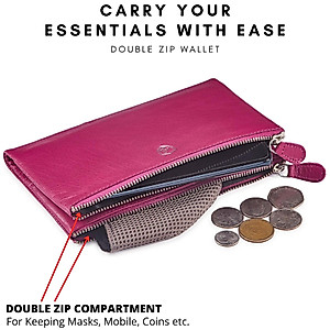 Women Wallet Real Leather Bifold RFID Blocking Clutch Multi Card Case Organiser Pen Mobile Holder Double Zip Compartment pocket with 2 ID Window in Gift Box (Nappa, Fuchsia Pink)