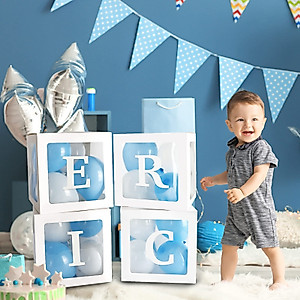 RUBFAC Baby Boxes with 41 Letters and 36 Balloons, 4pcs Clear Balloon Boxes for Baby Shower Gender Reveal Girl Boy Blocks Birthday Party Decorations