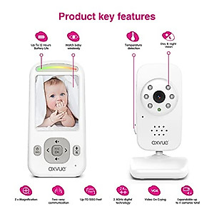 Video Baby Monitor, Slim Handheld, Non-Slip Design, 2.4" Vertical Screen Monitor & Digital Camera, Range up to 1000ft, 12 Hour Battery Life, 2-Way Talk, Night Vision, Temperature Monitor, No WiFi.