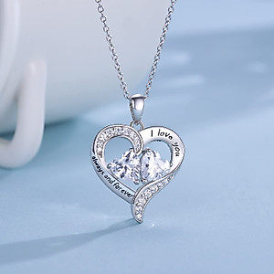 BlingGem Necklaces for Women Sterling Silver Personalized Heart Pendant Necklace with 2 Customized Birthstones 5A Cubic Zirconia I Love You Always and Forever Gift for Women Mom Wife