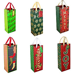 Christmas Wine Gift Bags for Wine Bottles Gift with Elegant Ribbon Handles and Christmas Gift Tags, 6pk Christmas Wine Bags for Wine Bottle Christmas Theme Designed Holiday Wine Gift Wrap