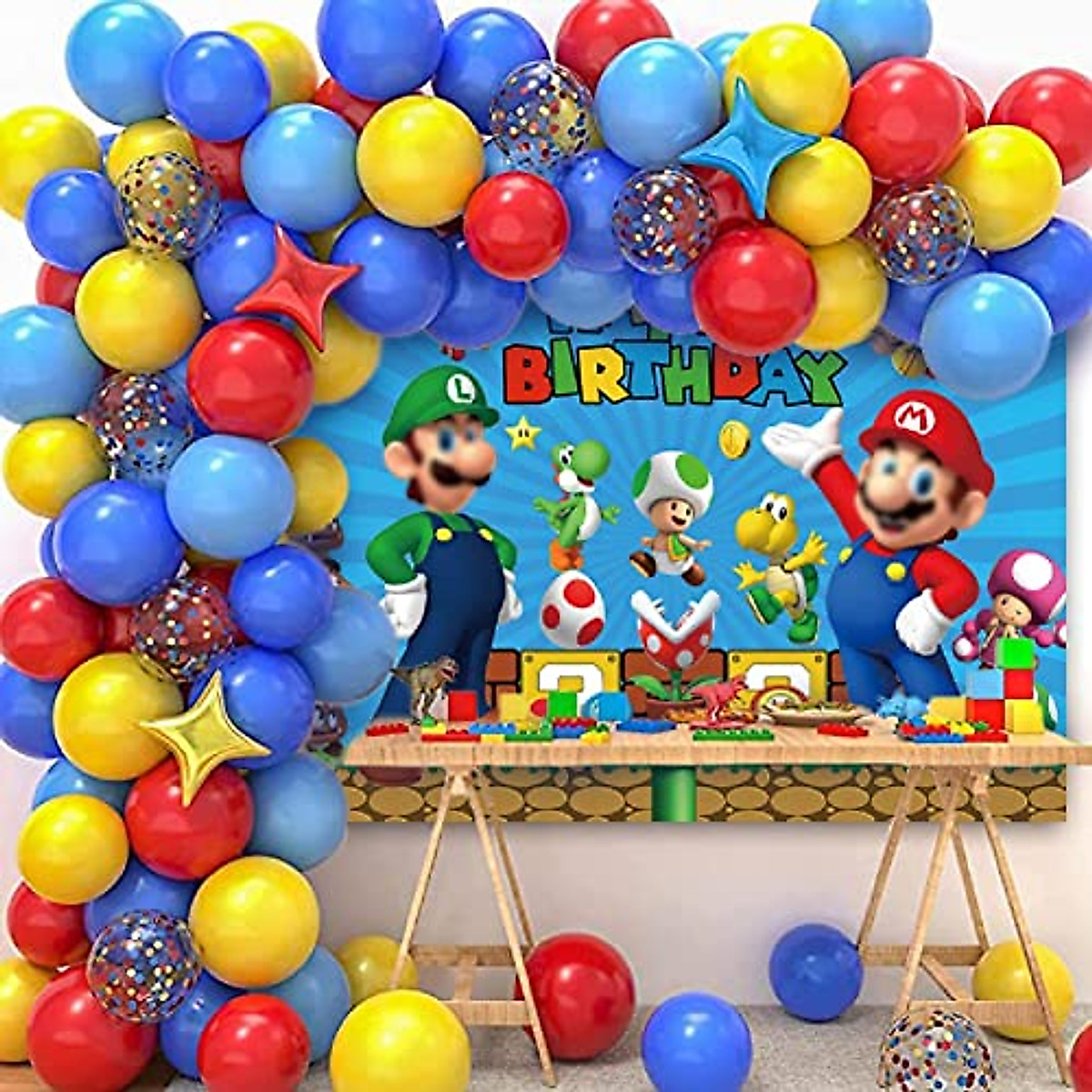 Super Brother Cartoon Backdrop Background Gold Coin Video Game Mushroom Blue Happy Birthday Backdrop for Kids Baby Shower Party Supplies Cake Table Banner Photo Booth Studio Props 7x5FT