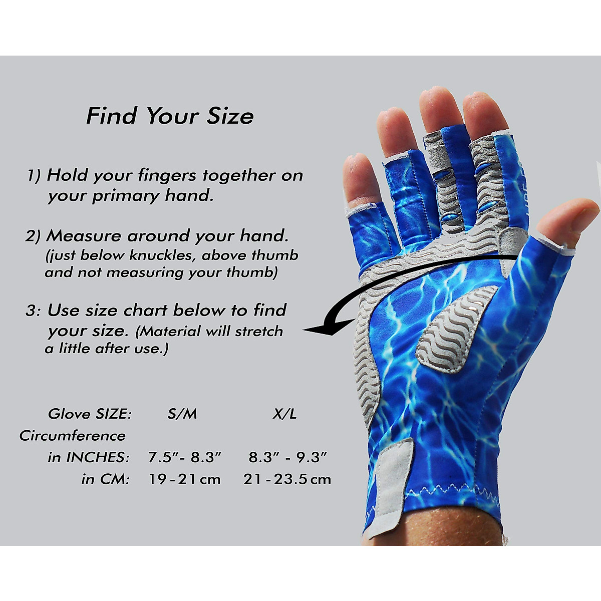 Fishoholic Fingerless Fishing Glove L/XL w' Super Grip UPF50+ UV Sun Protection for Men and Women Kayaking Hiking Paddle Board Paddling Rowing Canoe (BlueCamo, L/XL)
