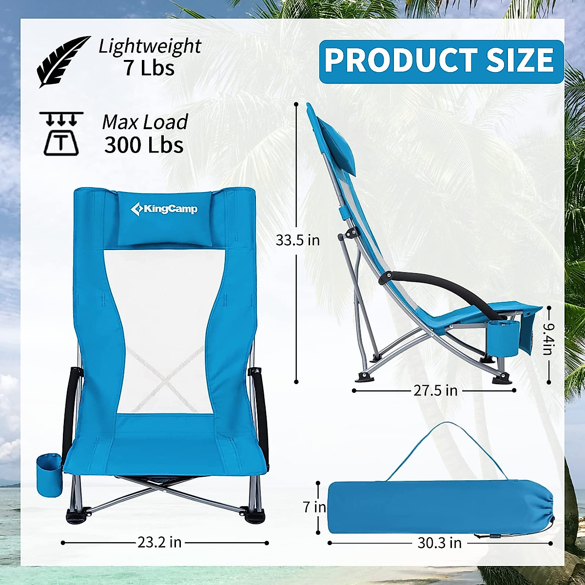 KingCamp Folding Beach Chair 2 Pack High Back Lightweight Portable Backpack Chair with Headrest, Cup Holder for Camping Outdoor Sand Concert Lawn Festival Sports, Blue