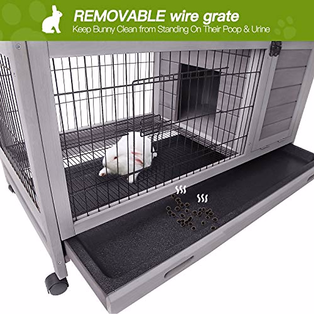 Indoor Rabbit Hutch Bunny Cage with 4 Casters, Bunny Hutch -Removable Wire Grate