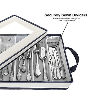 Chapman & Grand Flatware Storage Chest with Lid for Utensils, Silverware, Flatware – Securely Sewn Dividers with Large Capacity (Light Beige-Navy)