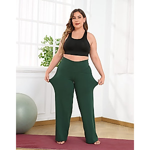 HDE Plus Size Wide Leg Cotton Yoga Pants for Women High Waist Workout Leggings Dark Green - 2X