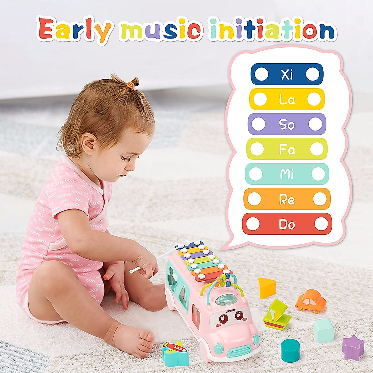 UNIH Baby Toy 12-18 Months,Bus Xylophone for Kids Toy, Baby Toys for 1 Year Old Boys and Girls with Building Blocks, Musical Toys for Toddlers 1-3, Early Educational Toys for Festival Christmas