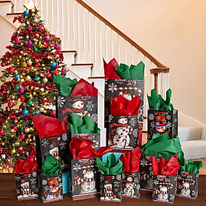 42-Pc. Chalkboard Snowman Gift Bag Set - Unique Winter Christmas Design for Kids and Adults - 14 Small, Medium, and Large Bags with 28 Red and Green Tissue Papers - Best for Presents and Party Favors