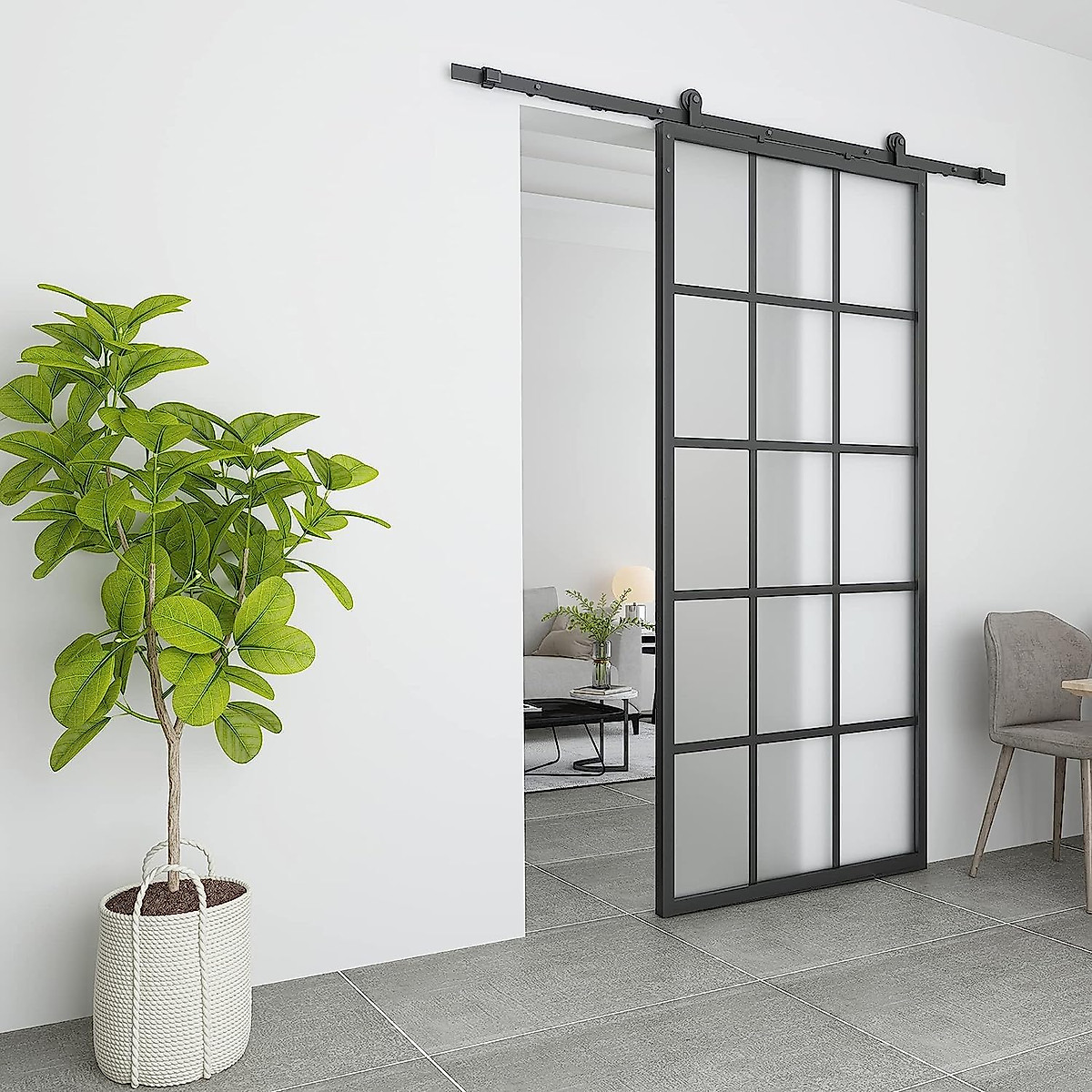 BARNSMITH 42in x 84in Frosted Glass Barn Door with 7FT Top Mounted Hardware kit Include Soft Close Mechanism DIY 15 Lites Modern Aluminum Frame Glass Sliding Barn Door Disassembled Easy Installation