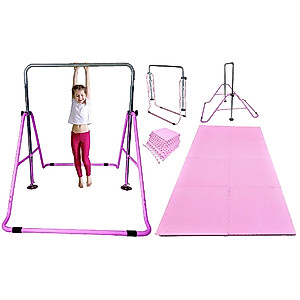 Gymnastics Bar for Kids Horizontal Kip Bar Jungle Gym with 8'x'4 EVA Puzzle Mat, Junior Training Monkey Bars Home Gym Adjustable Height Expandable Junior Training Bar Indoor Foldable (Pink)