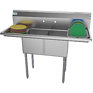 KoolMore - SB141611-12B3 2 Compartment Stainless Steel NSF Commercial Kitchen Prep & Utility Sink with 2 Drainboards - Bowl Size 14" x 16" x 11", Silver