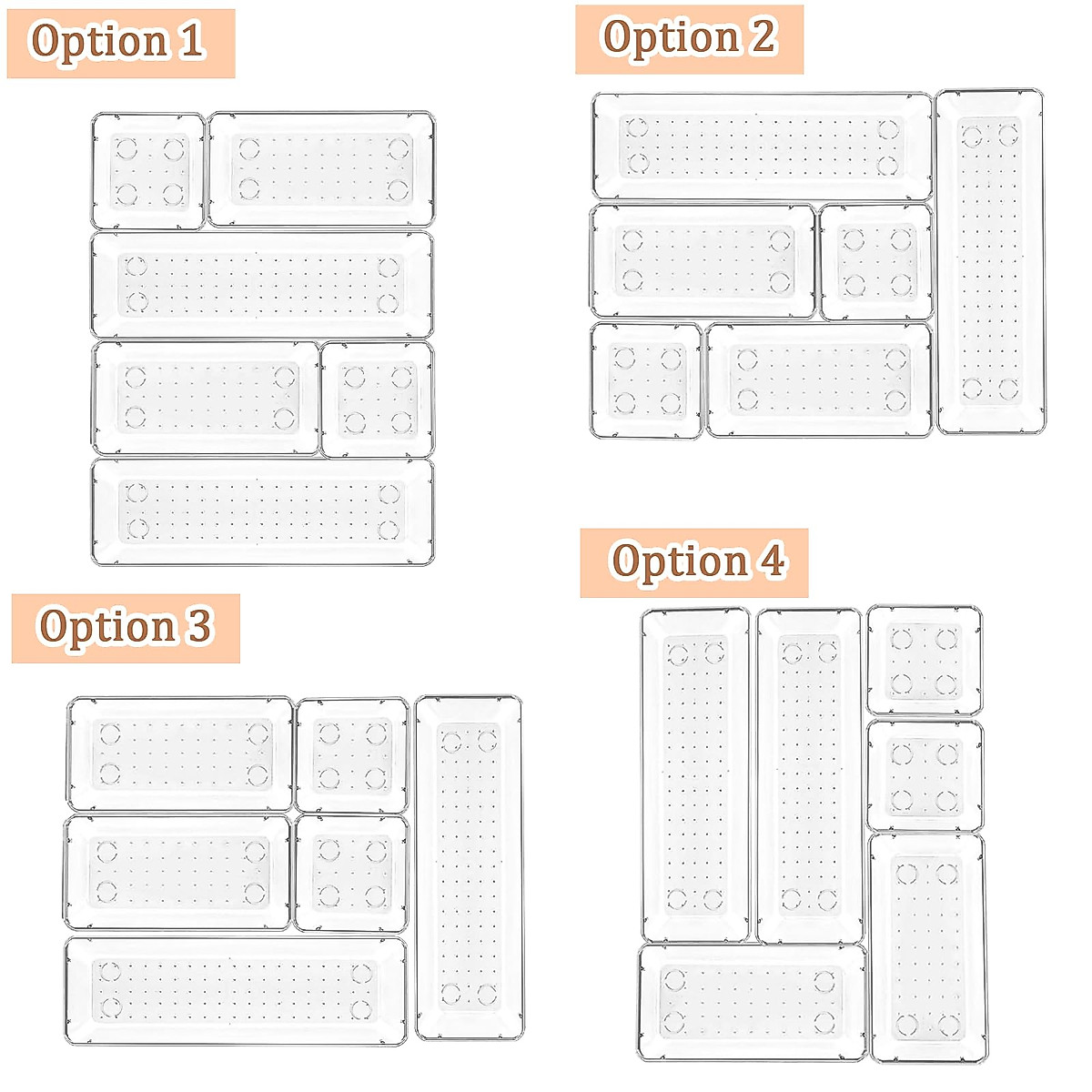Fodofodo 6 Pack Clear Drawer Organizer Set,Versatile Bathroom and Vanity Organizer Trays,Acrylic Drawer Storage Trays,Storage Bins for Makeup Jewelries,Cosmetics,Gadgets,Kitchen Utensils and Office