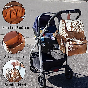 LP-FACON Western Cowhide Print Leather Diaper Backpack | Cute Shower Gifts For Mom | Large Travel Bag Brown & White