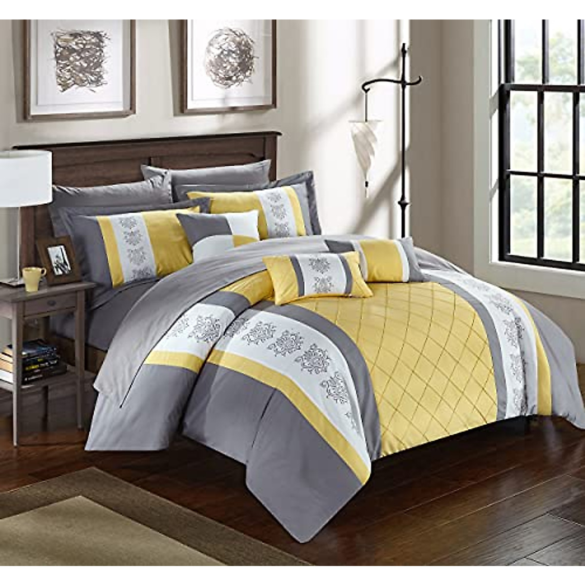 Chic Home CS1645-AN Clayton 10 Piece Comforter Set, Queen, Yellow