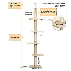 PETEPELA Cat Tower 5-Tier Floor to Ceiling Cat Tree Height(95-107 Inches) Adjustable, Tall, Climbing Tree Featuring with Scratching Post, Cozy Bed,Interactive Ball Toy for Indoor Cats/Kitten Beige