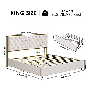 HIFIT King Platform Bed Frame with 4 Storage Drawers, Upholstered with Button Tufted Headboard, Heavy Duty Mattress Foundation with Wooden Slats, No Box Spring Needed, Golden and Beige