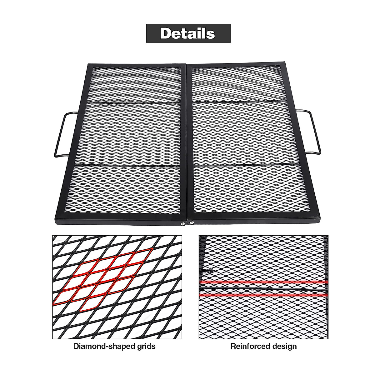 Lineslife Square Fire Pit Cooking Grill Grates, Folding Outdoor Campfire BBQ Grill Rack with Handles, Portable Outside Camping Gear Cookware and Accessory, 30 Inch