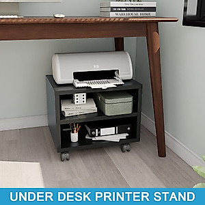 Deoxuefo Printer Stand with Storage - Wood Under Desk Printer Table with Wheels 15.7x11.8x14 Inch, 2 Tier Small Black Rolling Printer Cart for Home, Office, Scanner, Fax, Computer