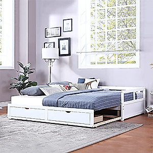 TRIPLE TREE Twin to King Wooden Daybed Extendable Bed, Twin Daybed with Trundle Bed and 2 Storage Drawers, Sofa Bed for Bedroom Living Room, No Box Spring Needed, White