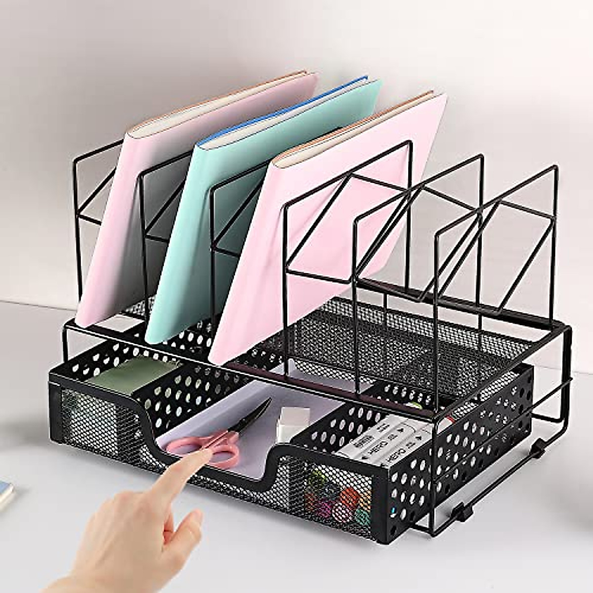 AUPSEN Desk Organizer and Accessories - Desktop Organizer with 5 Vertical File sorters and Drawer for Office Supplies, Paper, Device and Folder (Black)