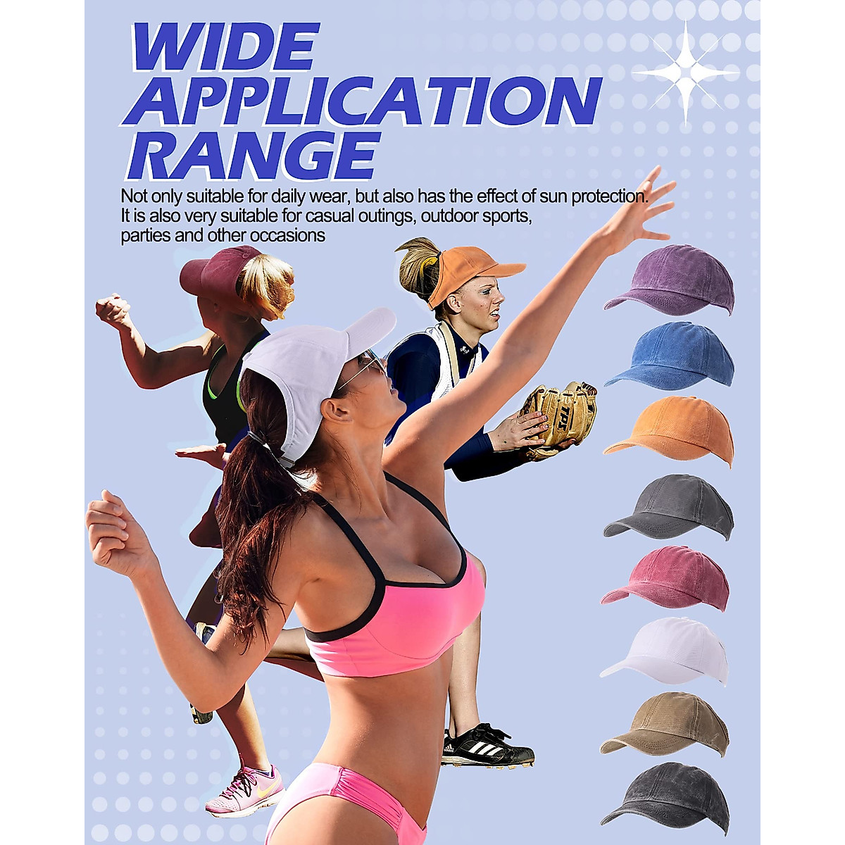 Jiuguva 8 Pieces Backless Ponytail Caps Baseball Caps for Women Ponytail Hats High Messy Bun Baseball Hats Adjustable Sun Visor Caps Natural Curly Hair Ponytail Cap